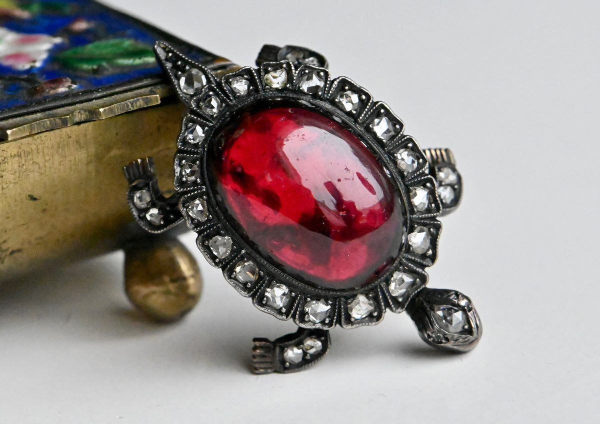 Antique 1910s garnet carbuncle tortoise brooch with rose cut diamonds ...