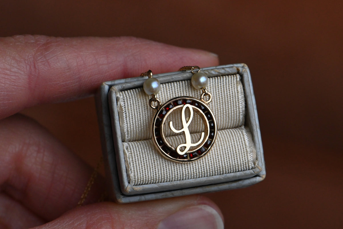 Vintage 14K 1980s garnet and pearl reimagined initial pendant necklace ...