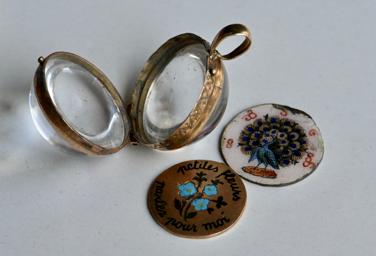 Antique Victorian rock crystal and 10K gold locket with original inser ...